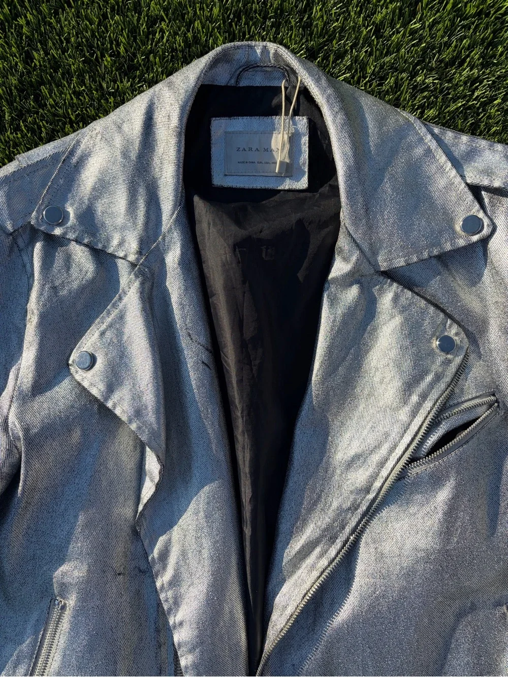 Zara | Jackets & Coats | Zara Metallic Silver Moto Leather Jacket ...